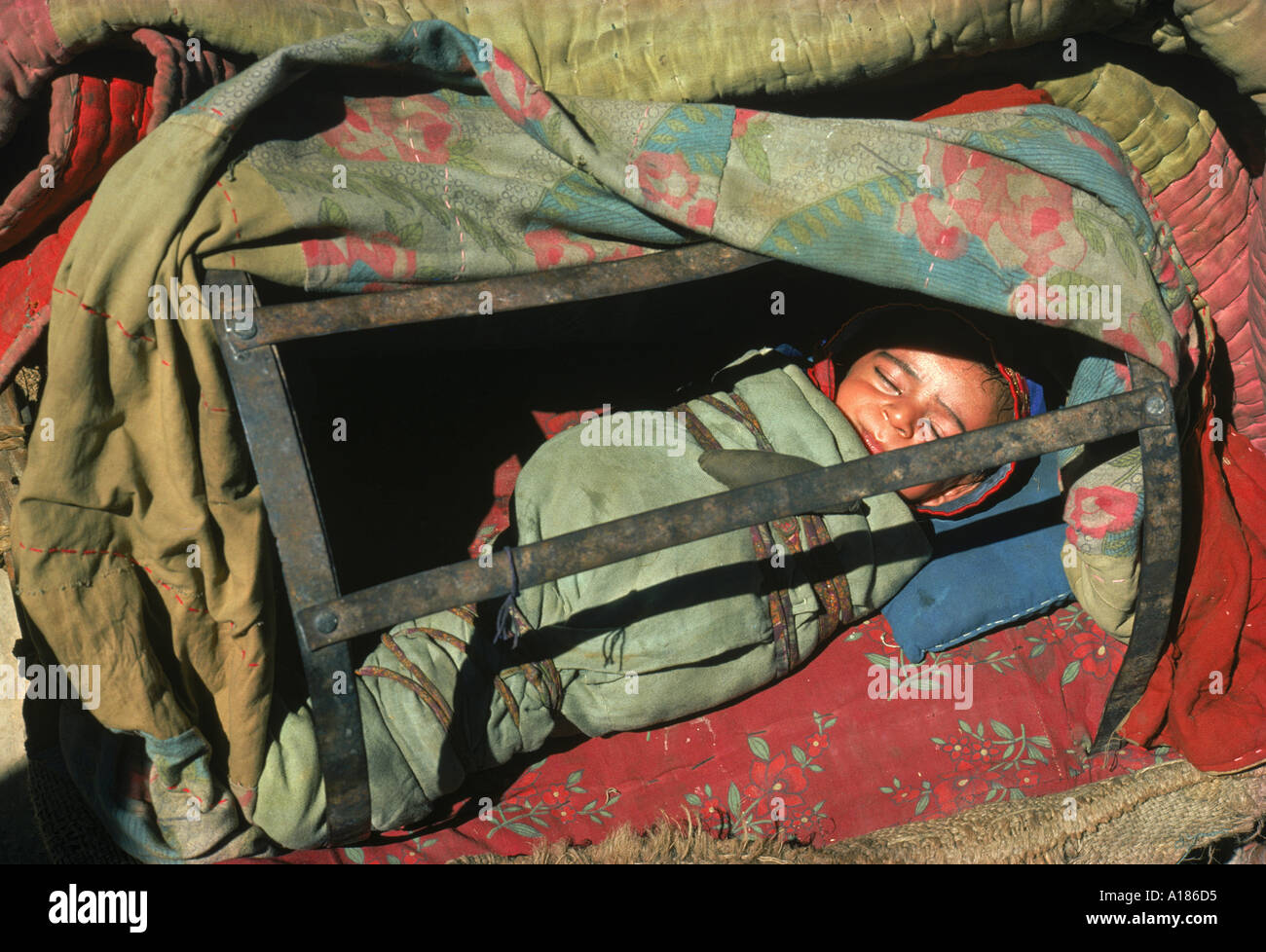 Baby tied in a bundle asleep in a Pathan household near Zarat Pakistan ...