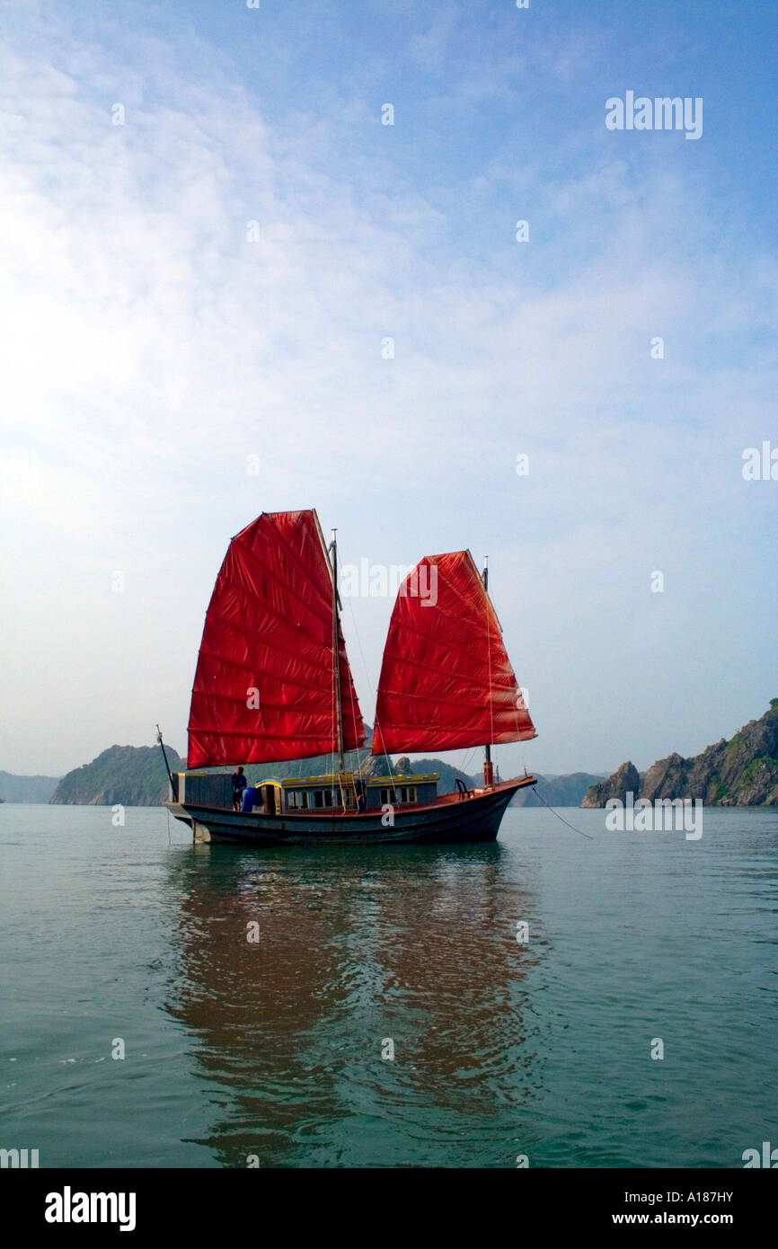 Traditional Vietnamese Sailing Junk Sailboat Halong Bay Vietnam Stock ...