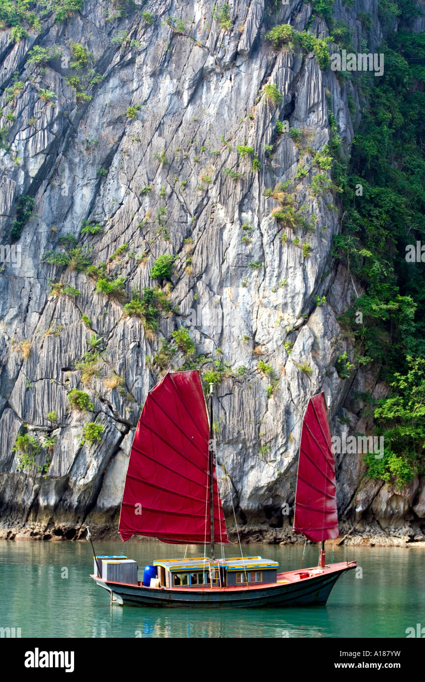 Traditional Vietnamese Sailing Junk Set against Limestone Karst ...