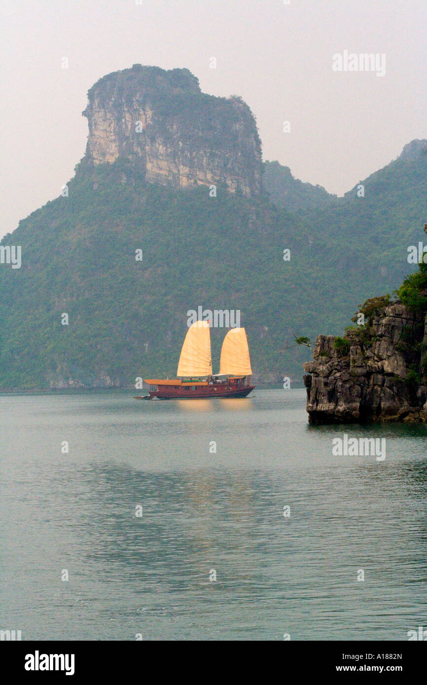 Traditional Vietnamese Sailing Junk Set against Limestone Karst ...