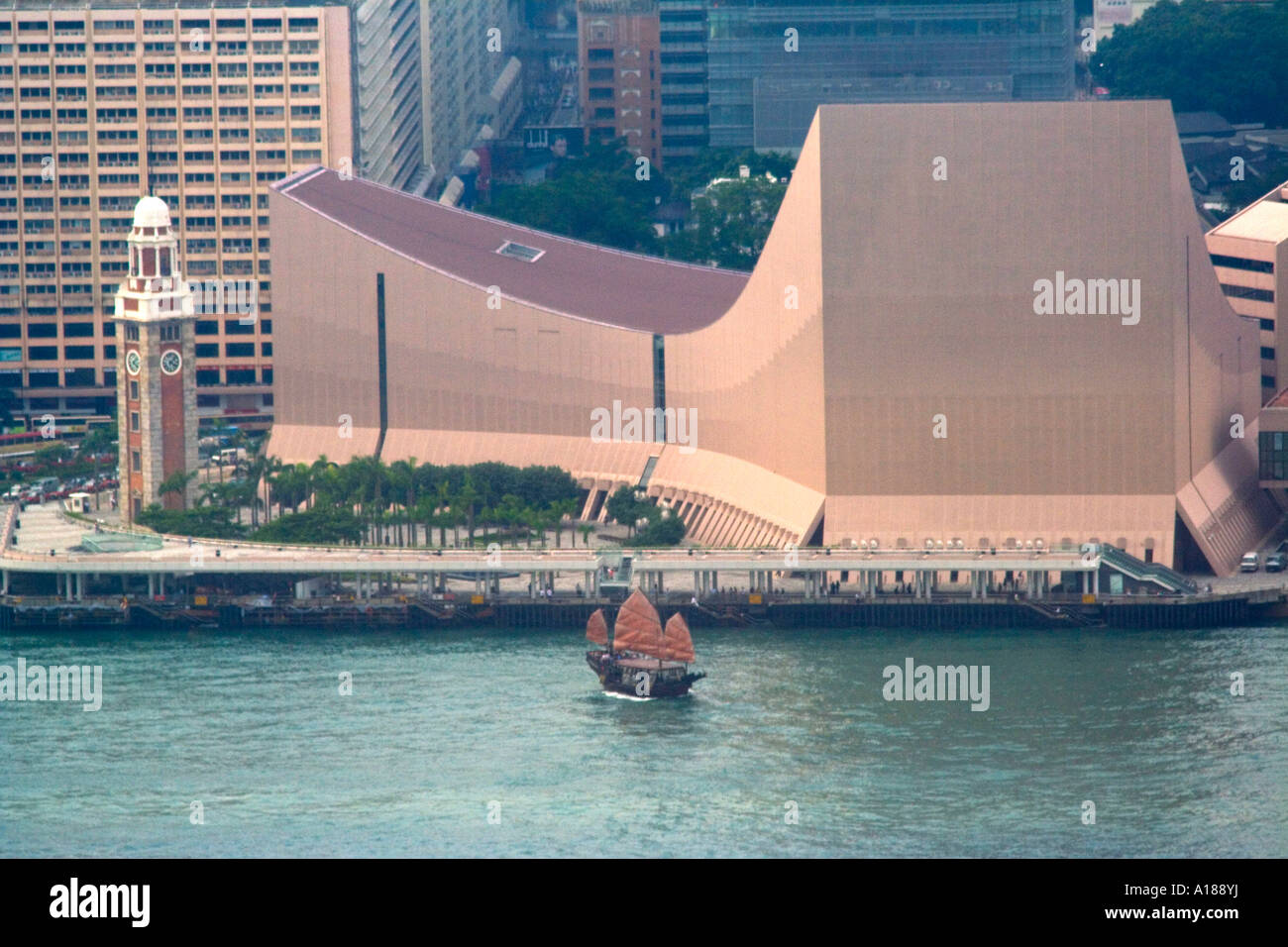 Duk Ling Sailing Junk, Cultural Centre and Clocktower Building, Hong ...