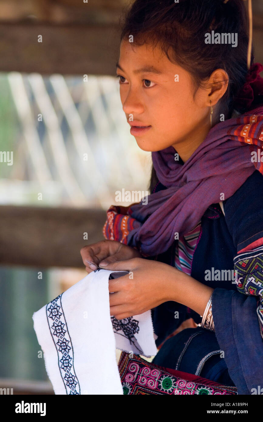 2007 Pretty Young Hmong Girl in Traditional Clothing Sewing Sapa ...