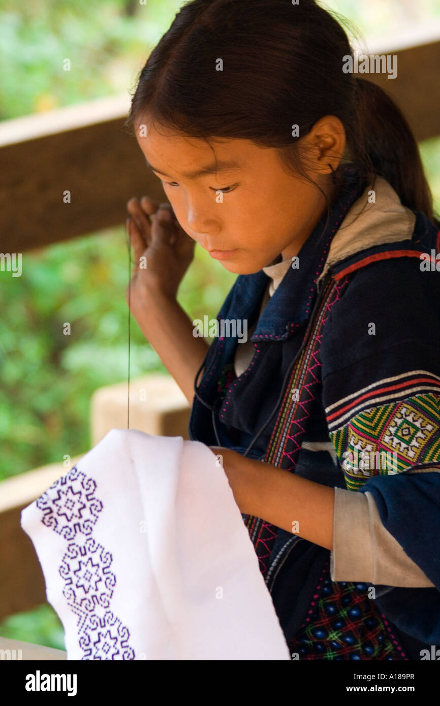 2007 Pretty Young Hmong Girl in Traditional Clothing Sewing Sapa ...