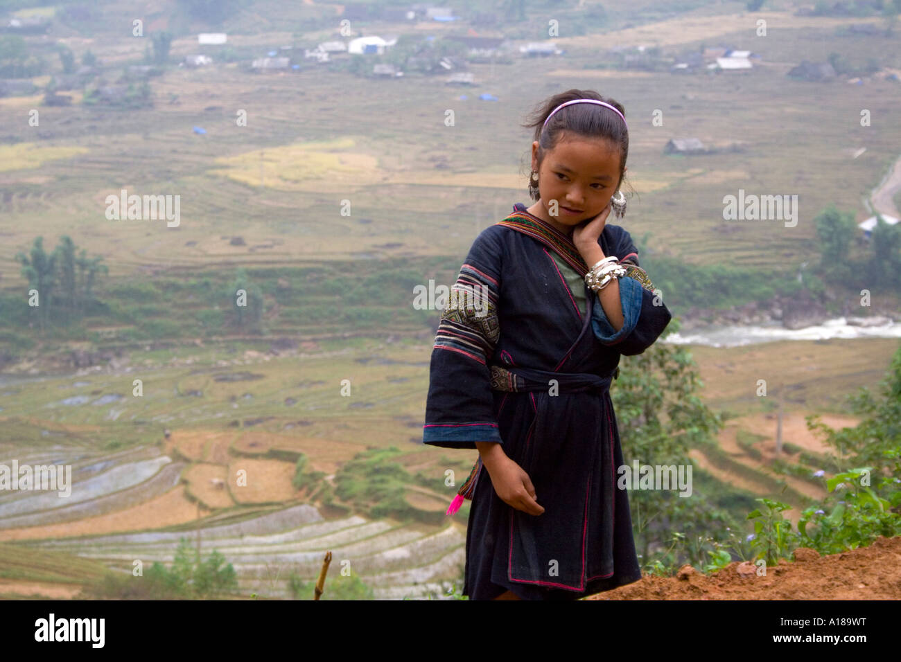 Beautiful Young Hmong Girl in Traditional Clothing in front of Rice ...
