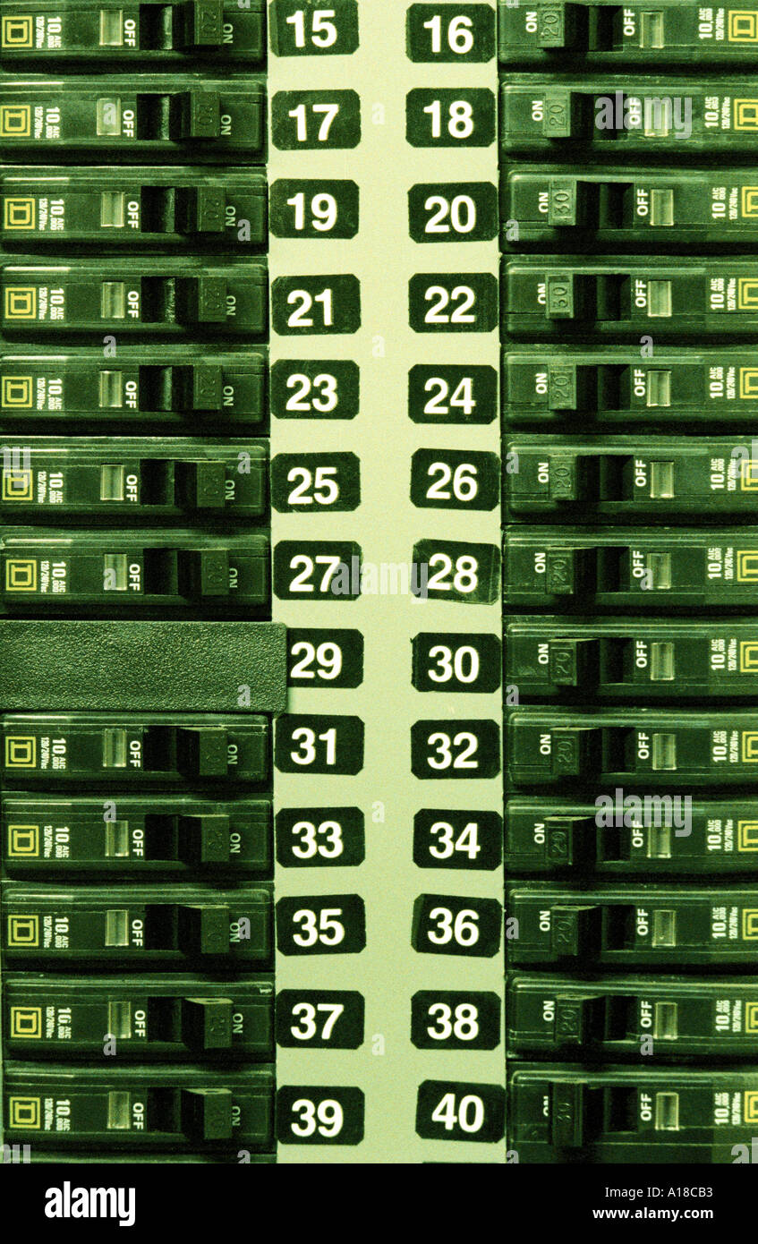 Close up of breaker switches in breaker box Stock Photo - Alamy