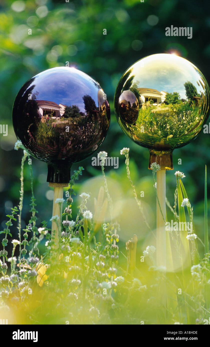 glass sphere, reflection of a garden in glass sphere, Germany Stock ...