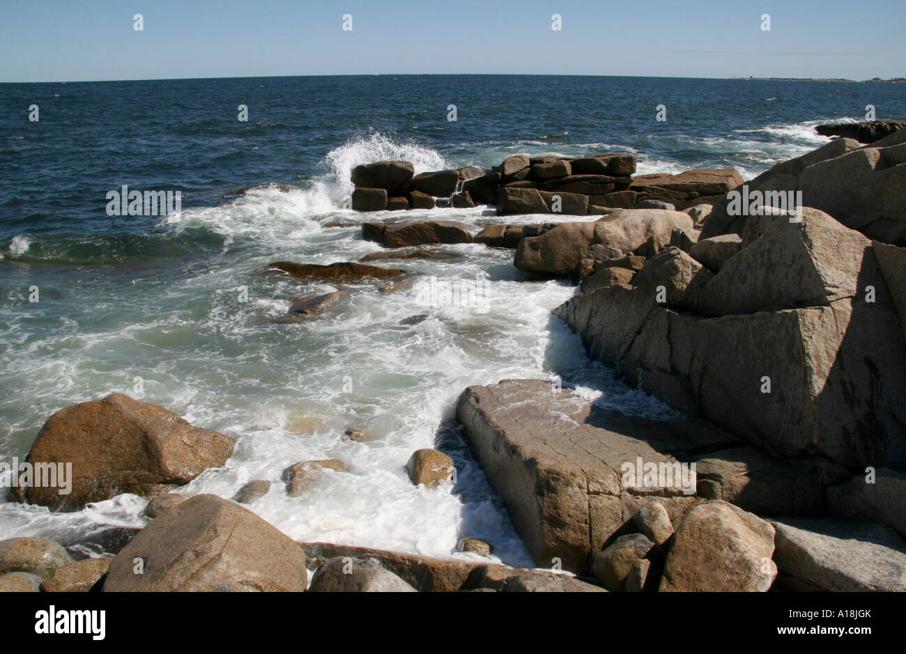 Waves on the rocky coast of Cathedral Rocks Rockport Massachusetts USA ...