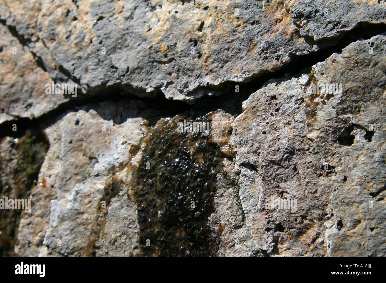 Trickle of water running through crack in rock Stock Photo - Alamy