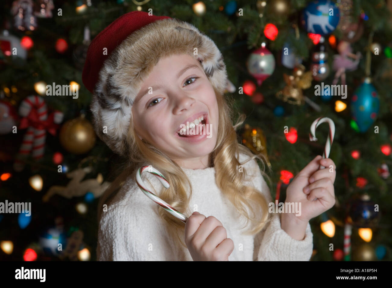 Child with candy canes in front of a Christmas tree Stock Photo - Alamy