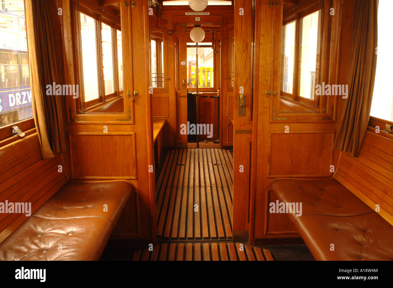 The wooden interior of an old tram in Krakow Poland Stock Photo - Alamy