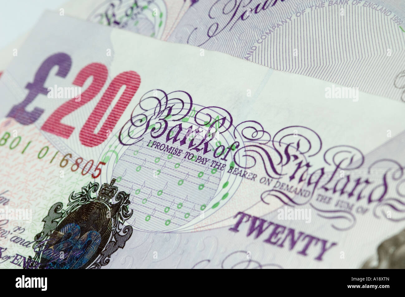 Close up of £20 pound pounds 20 English money cash banknote banknotes ...