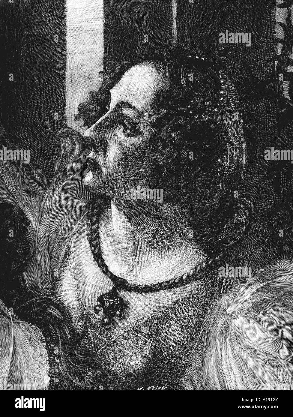 close up engraving of one of three graces in Botticelli s Allegory of ...