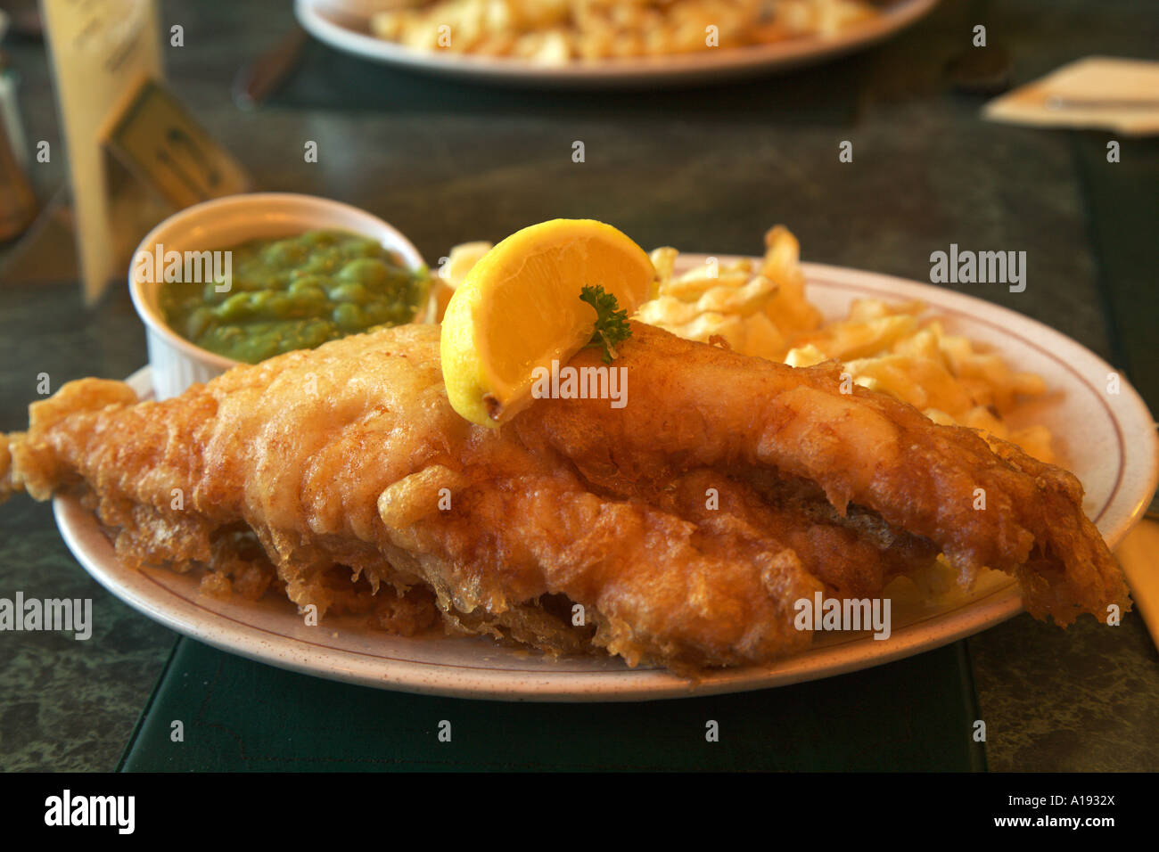 Whitby Fish and Chips and Mushy Peas Stock Photo - Alamy