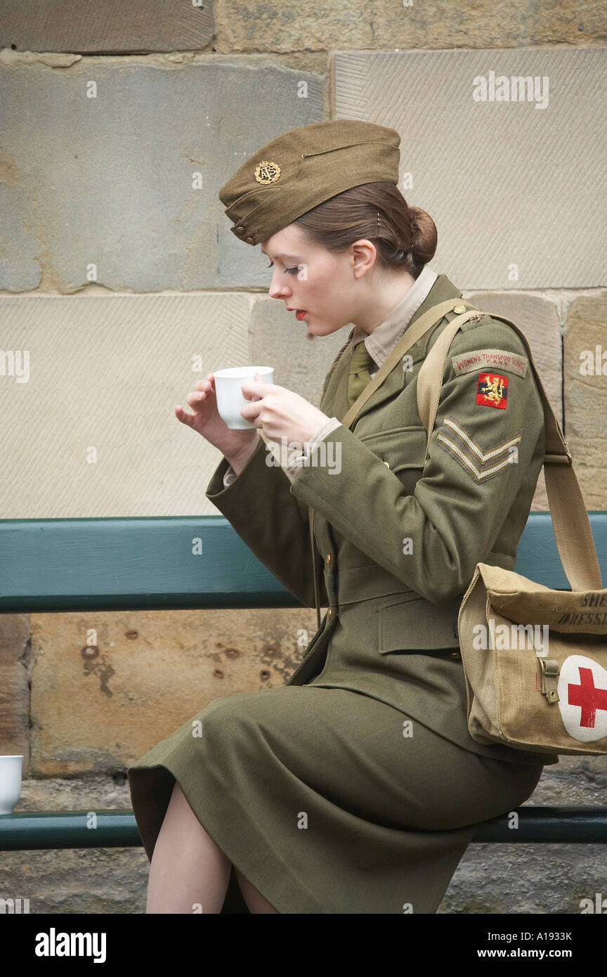 Lady Soldier having tea on the Station Platform at the Pickering War ...