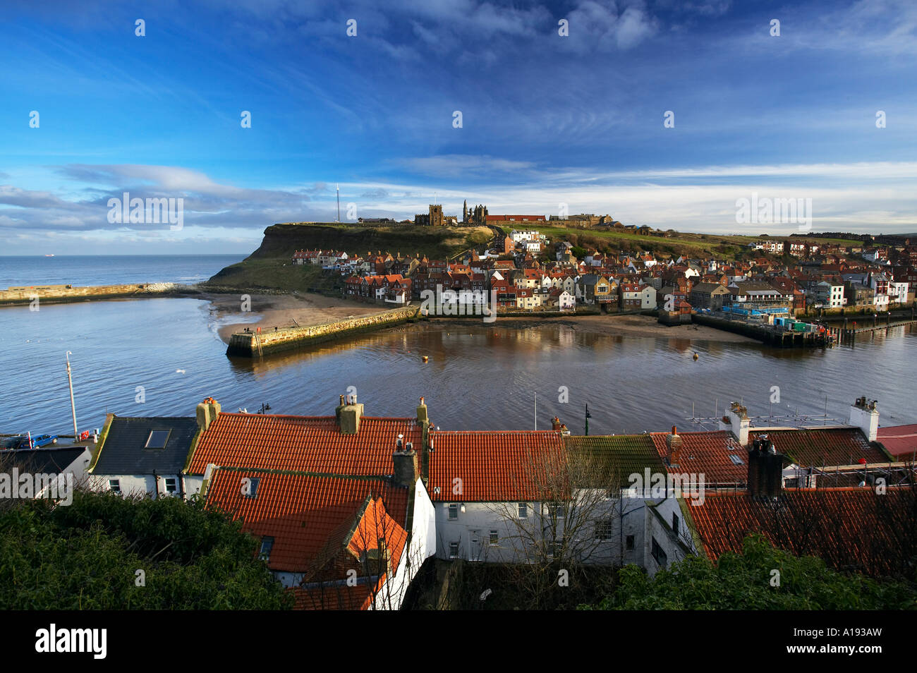 Whitby Old Town and Outer Harbour North Yorkshire Coast England Stock ...