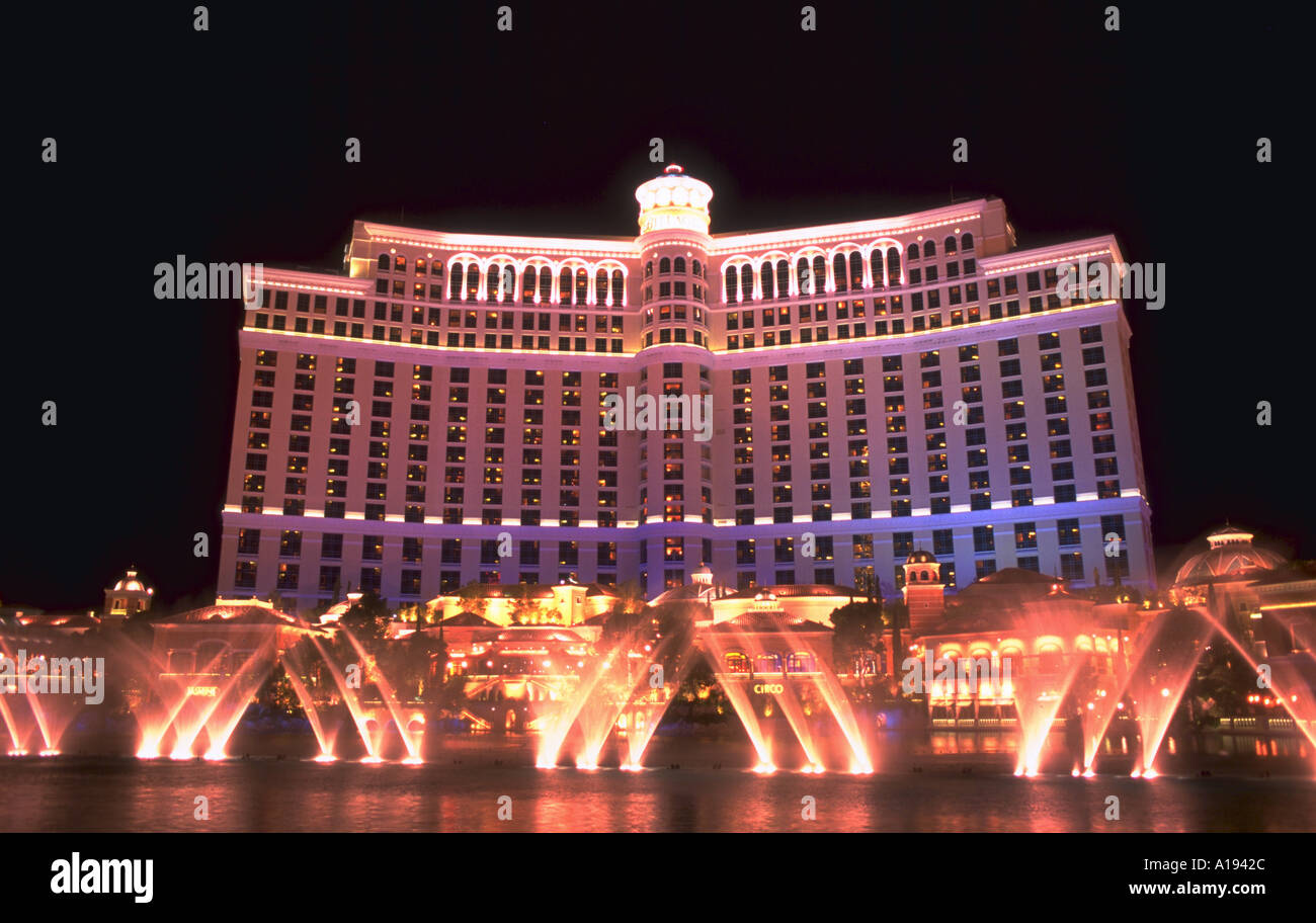 Water fountains in front of Bellagio Hotel at night Las Vegas Nevada ...