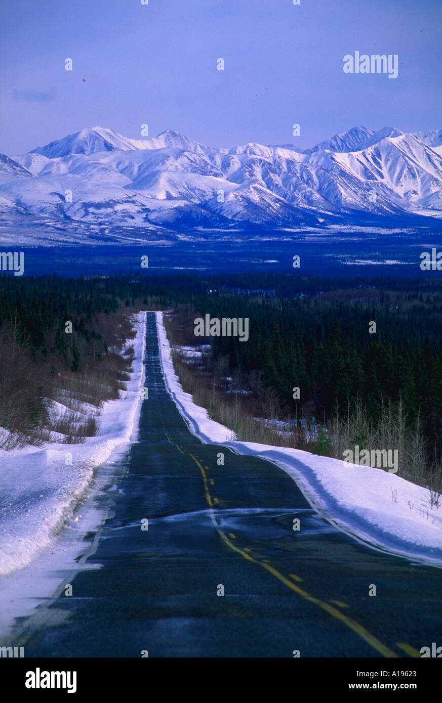 View of Glenn Highway Alaska leading into snowy mountains Stock Photo ...