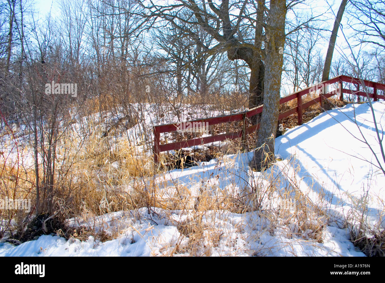 Wooden fence traversing snowy bank. Clitherall Minnesota USA Stock ...
