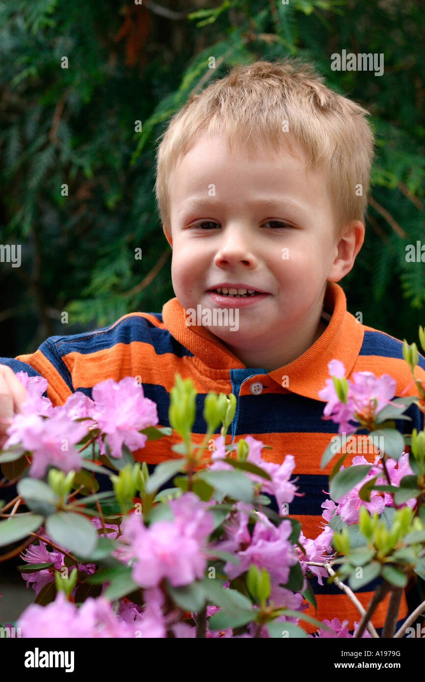 Happy adventurous boy age 5 in family garden. St Paul Minnesota USA ...