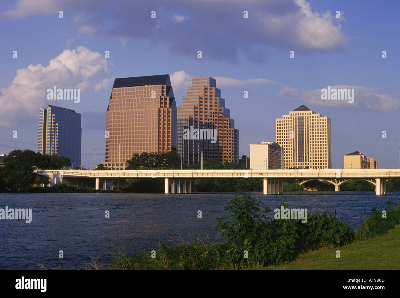 The river bridge and skyline of downtown in the state capital looking ...