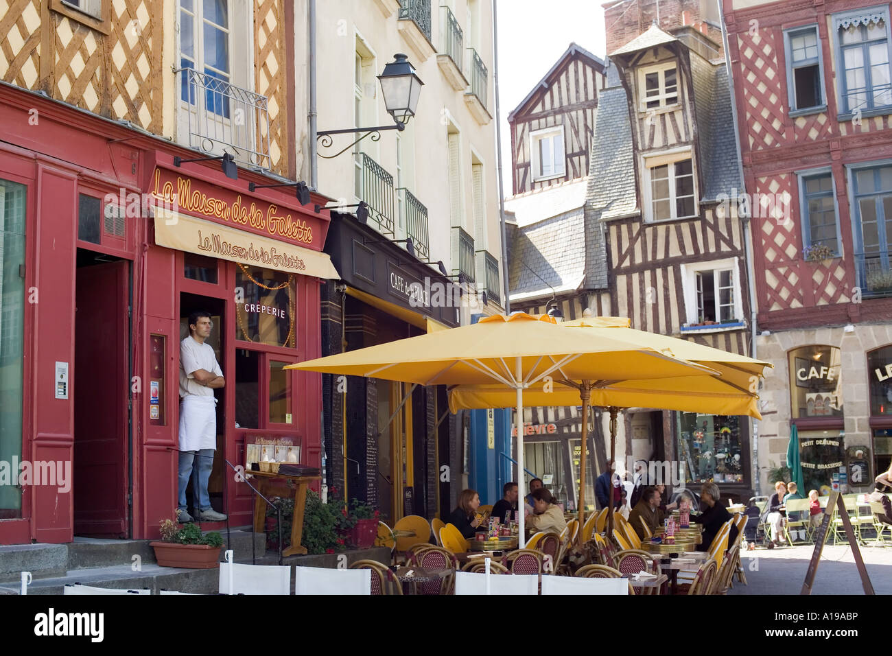 Pancake restaurant and cafe terraces, half-timbered houses, Sainte-Anne ...