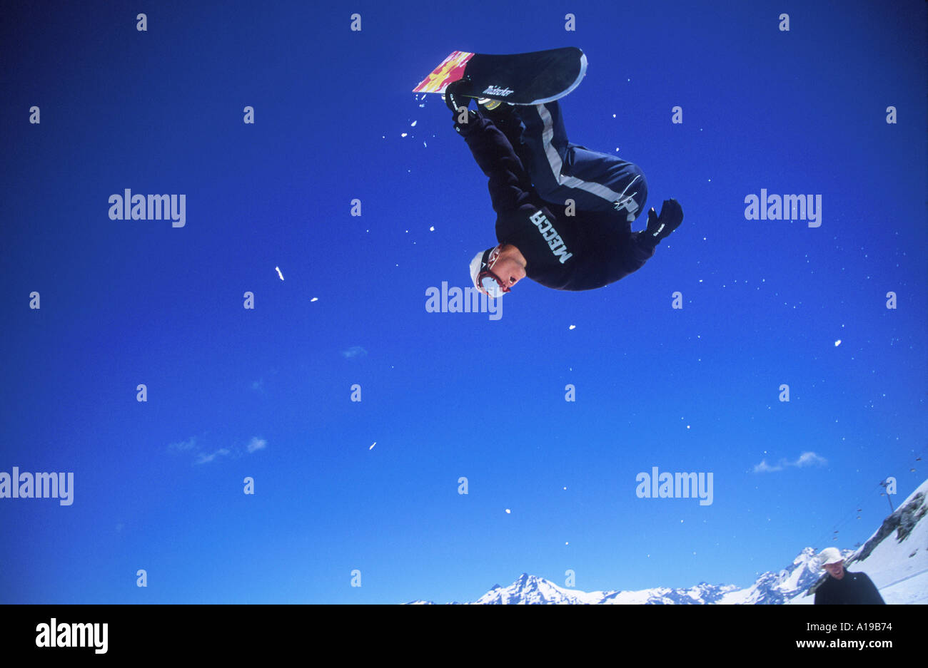 Snowboarder flipping upside down off a jump Stock Photo - Alamy