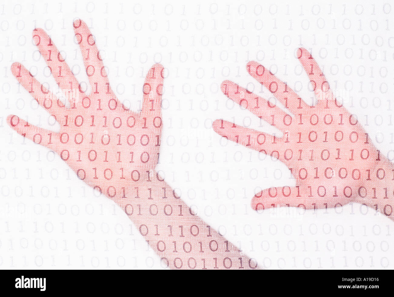 Outreached hands behind veil of zeros and ones Stock Photo - Alamy