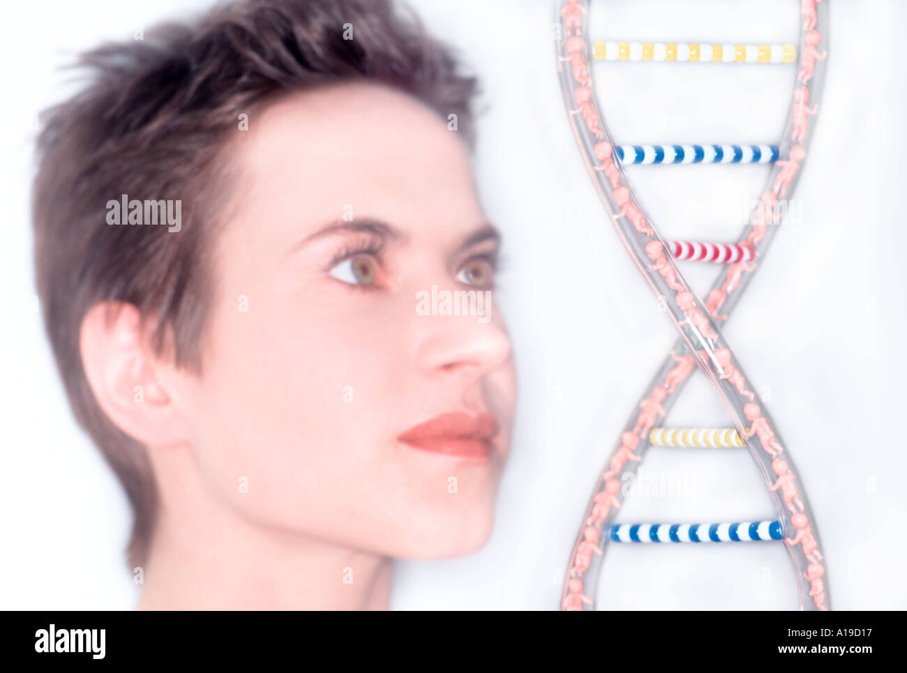 Femaile lab technician looking at representational model of DNA helix ...