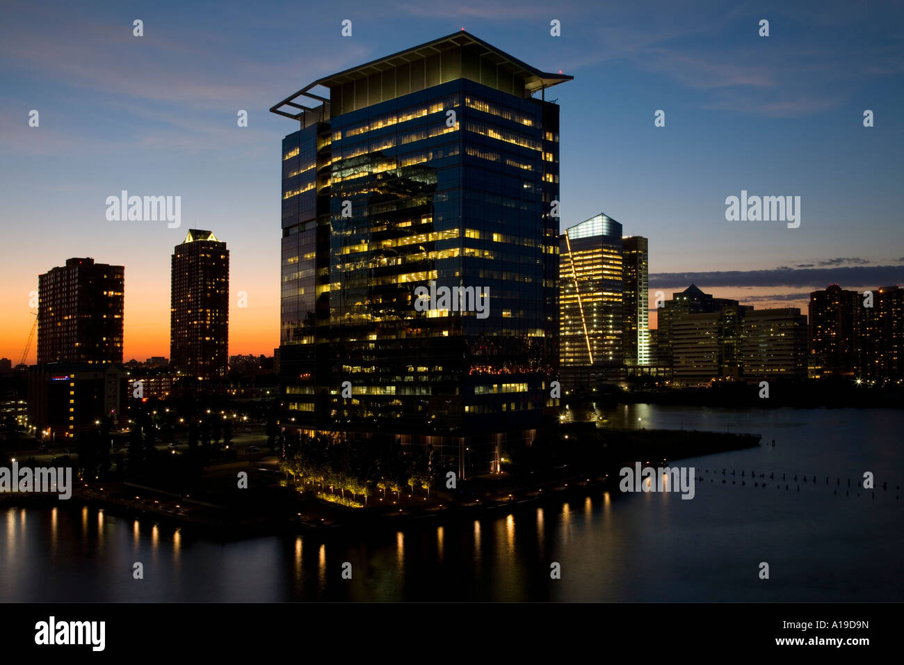 Newport district of Jersey City, New Jersey, USA, at dusk Stock Photo ...