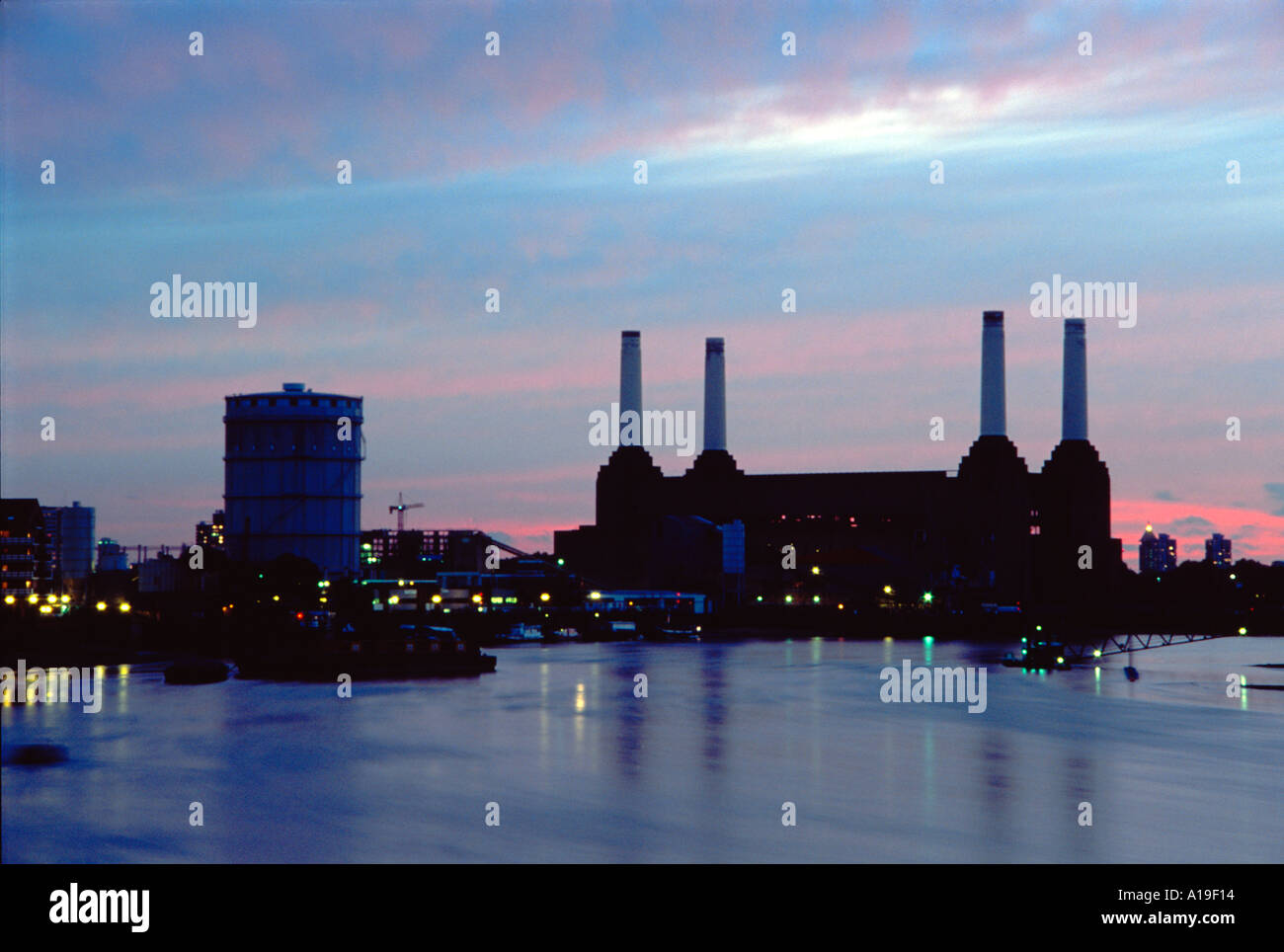 Battersea power station and the river Thames at dusk London England ...