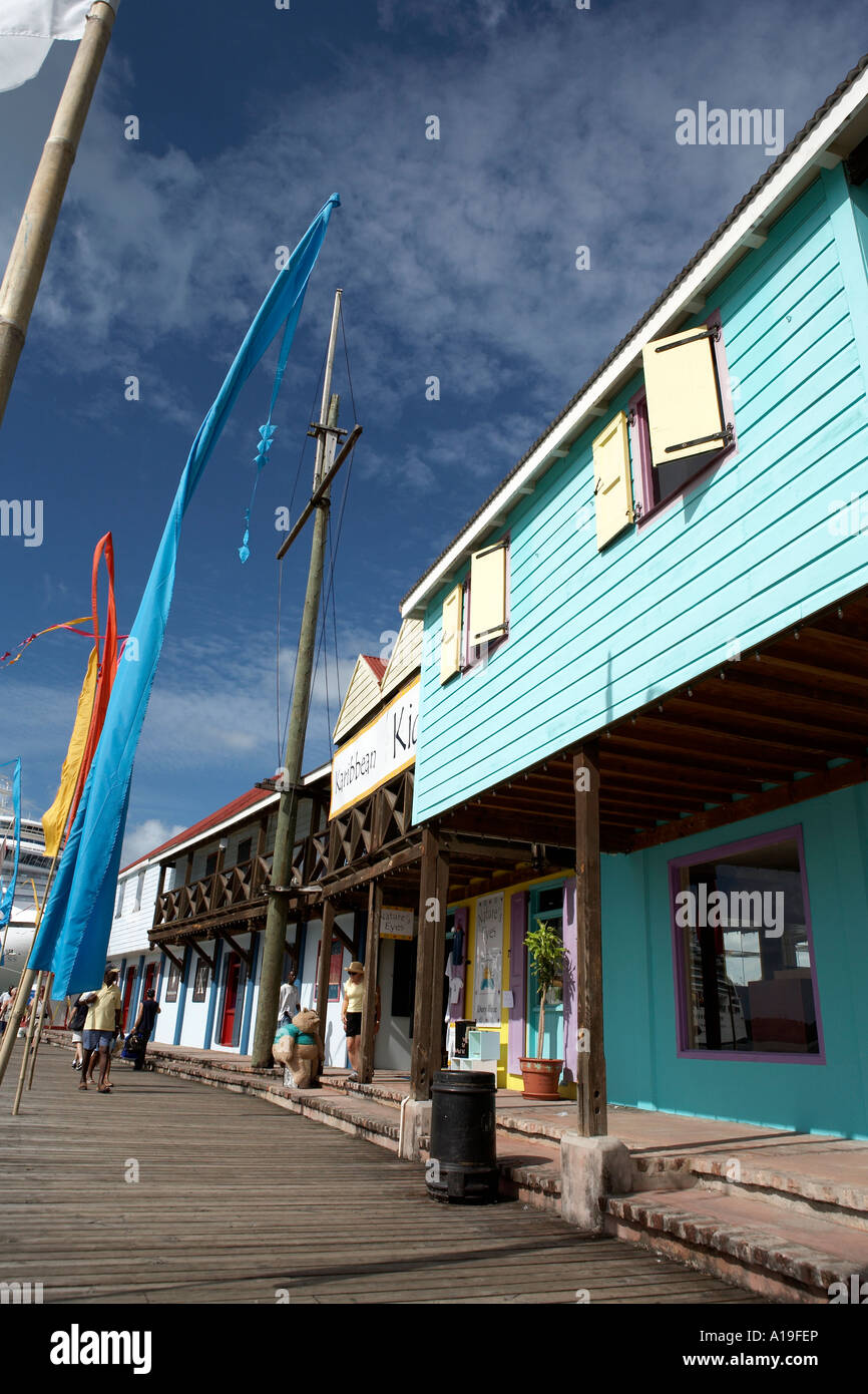 view of the brightly painted stores on redcliffe quay St. Johns Antigua ...
