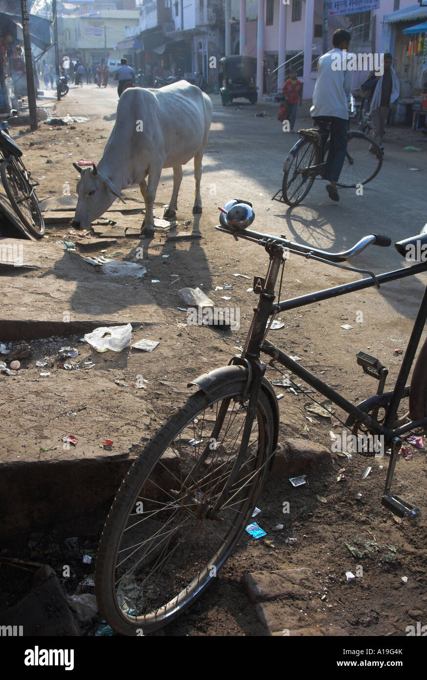 India Uttar Pradesh Agra street scene typical dirty street with people ...