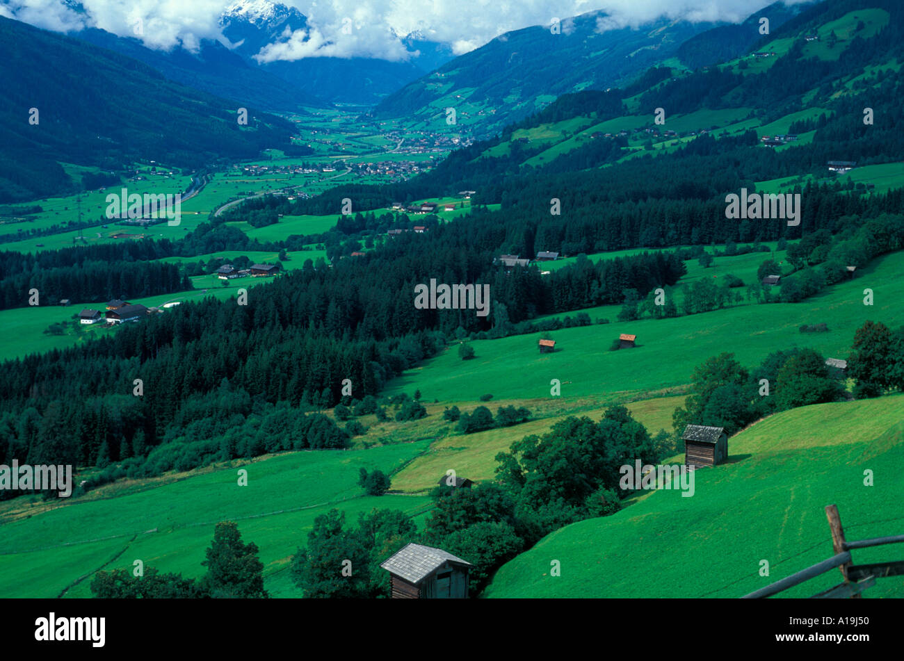 The view along the Thurn Pass showing the lush valley Austria Stock ...