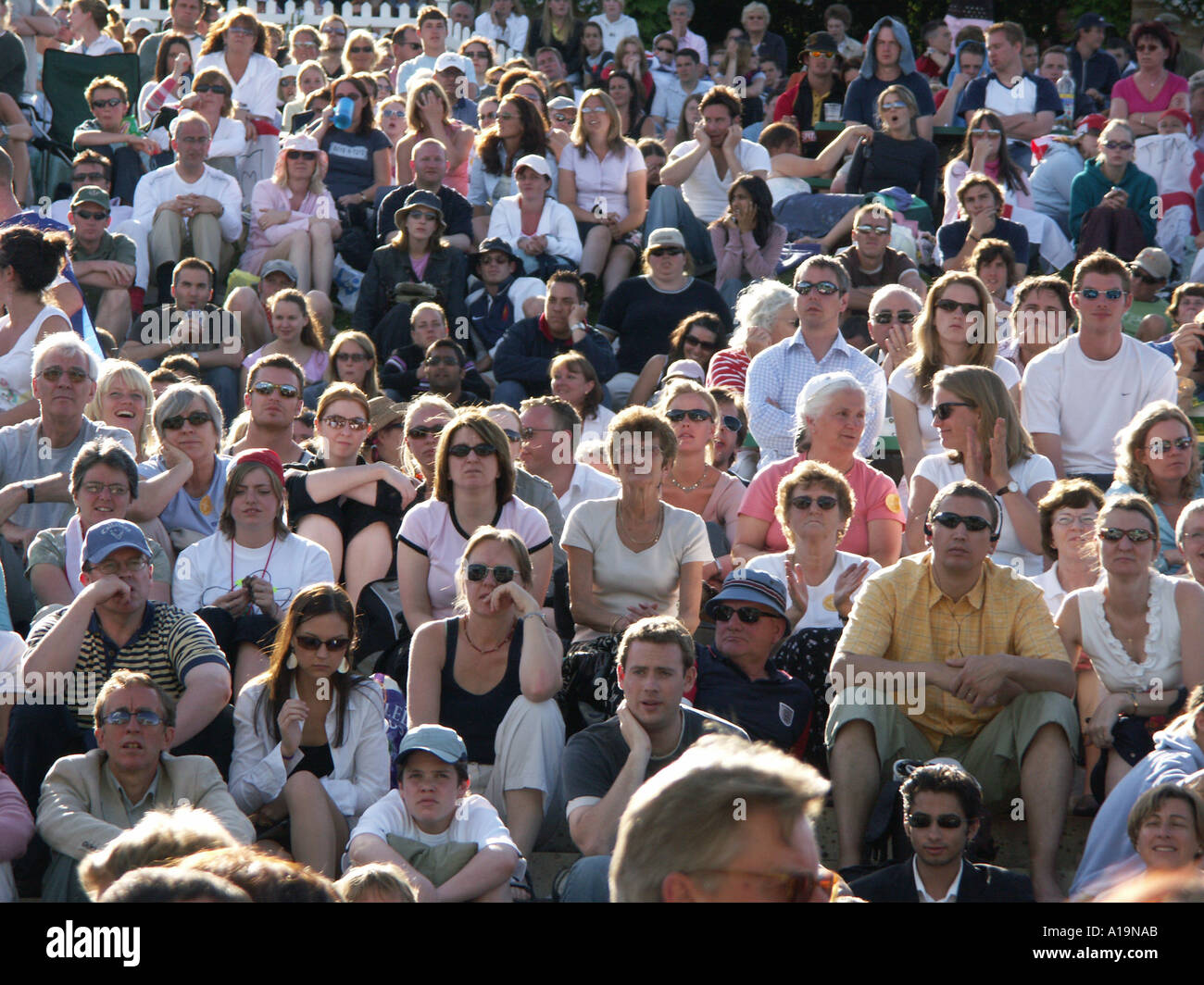 Crowd at Wimbledon Tennis Championships watching Big Screen Stock Photo ...