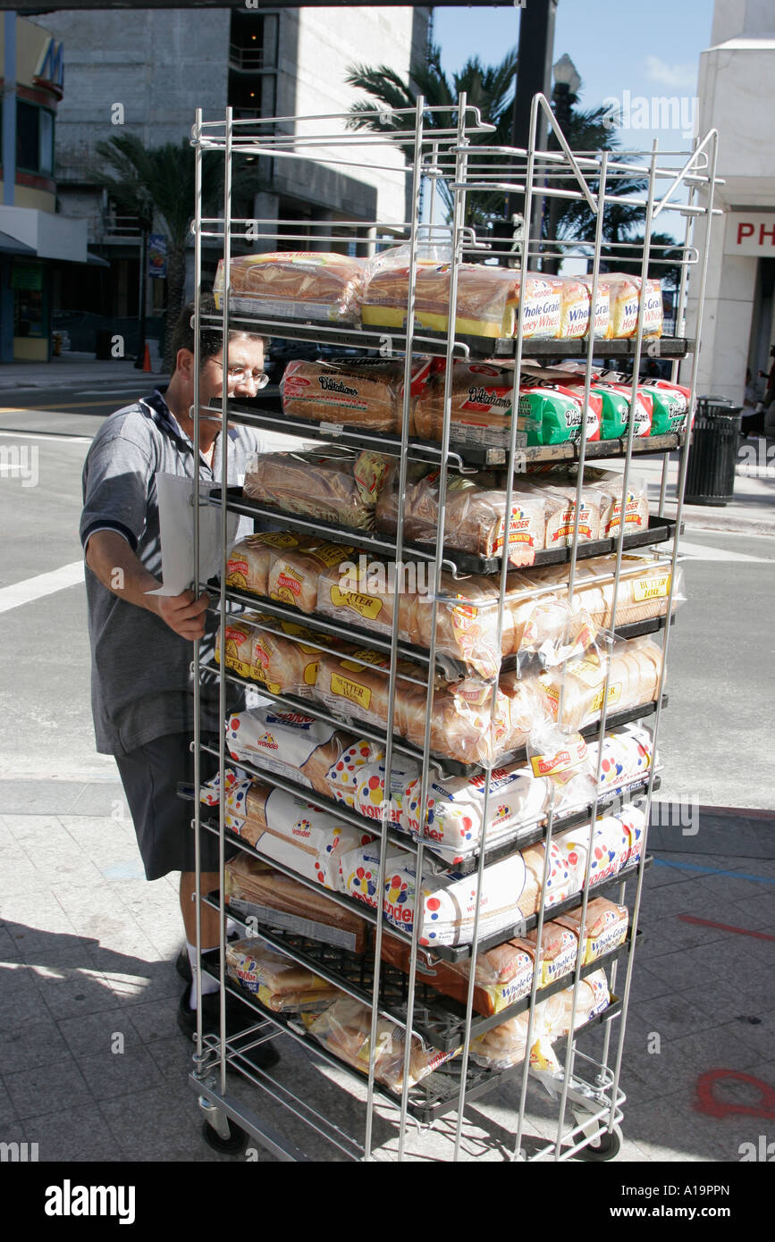 Miami Florida,Flagler Street,bread delivery,rolling rack,Hispanic Latin ...