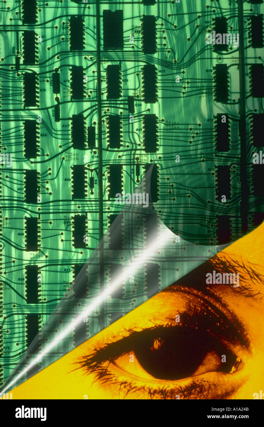 Computer generated image of a circuit board with an eye peering out ...