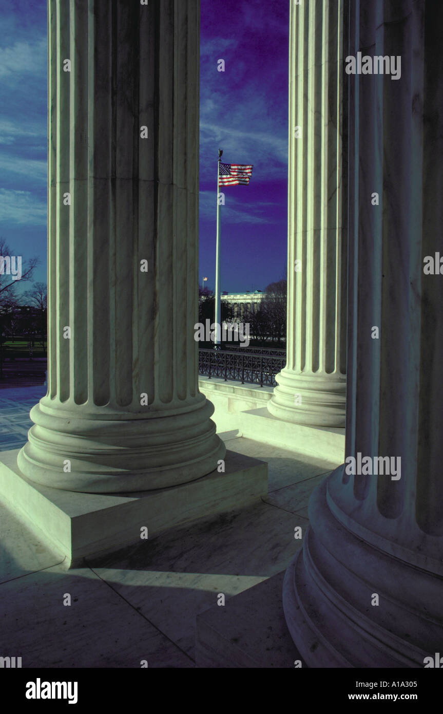 Close up of columns with view of American flag through columns Stock ...