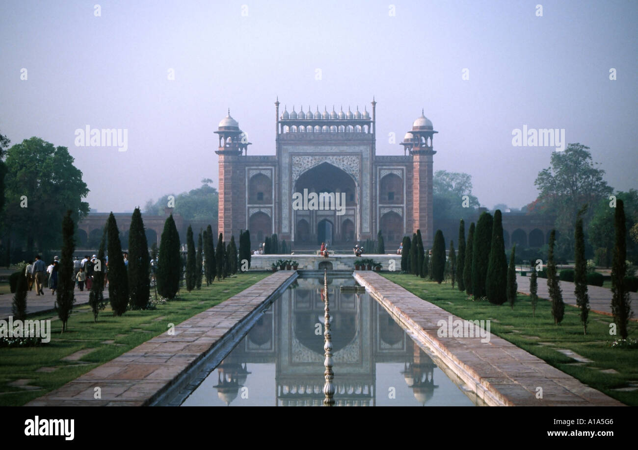 Main gateway of the Taj Mahal across the waterway in Agra India Stock ...