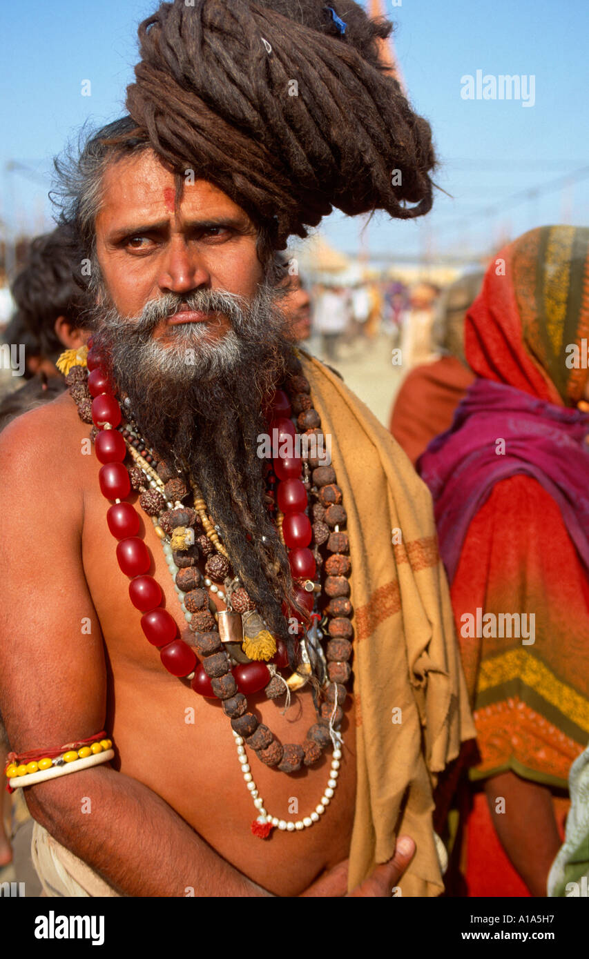 Naga sadhu from the Juna Akhara with long dreadlocks, Maha Kumbh Mela ...