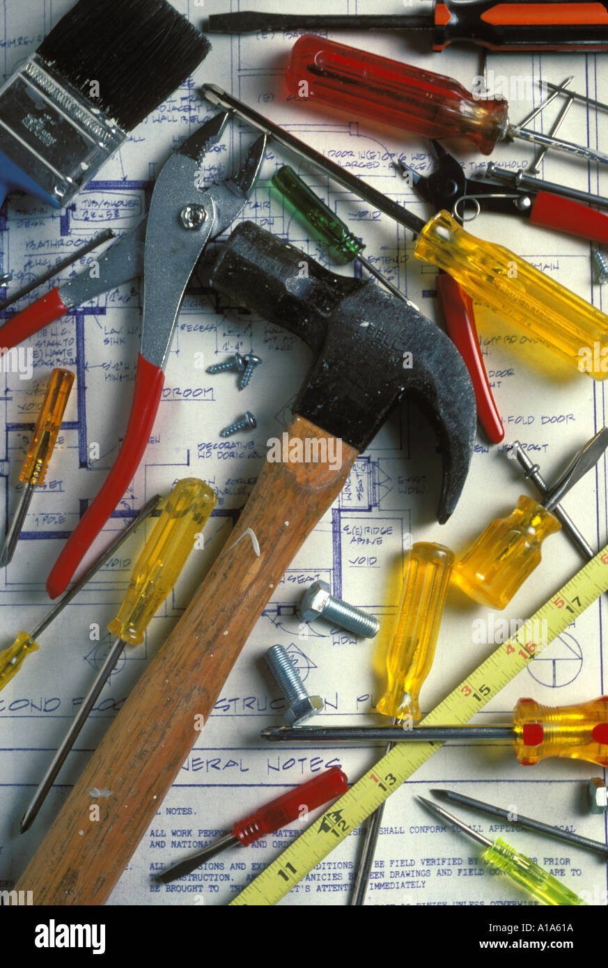 Assorted tools on blueprint Stock Photo - Alamy