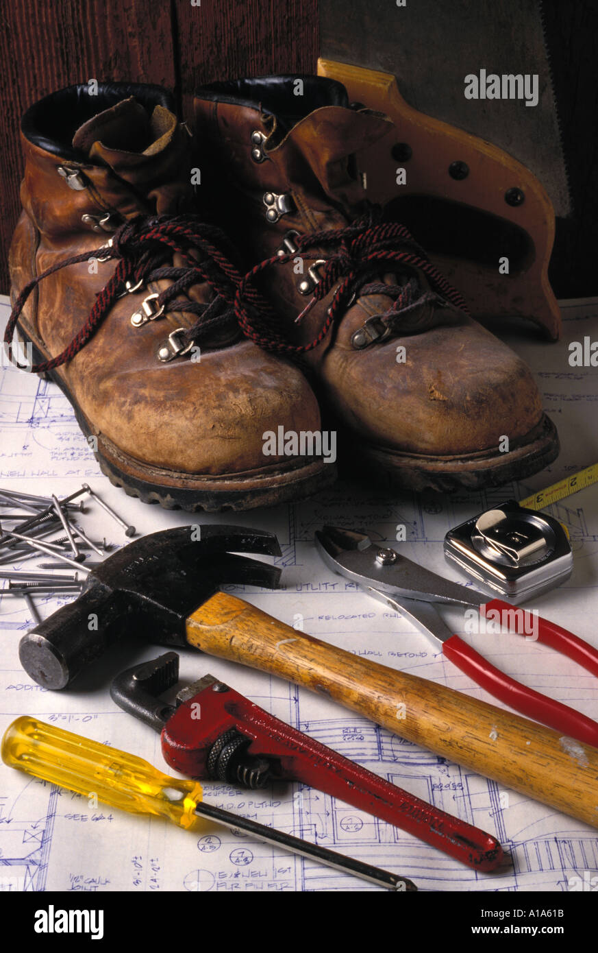 Work boot and tools on blueprint Stock Photo - Alamy