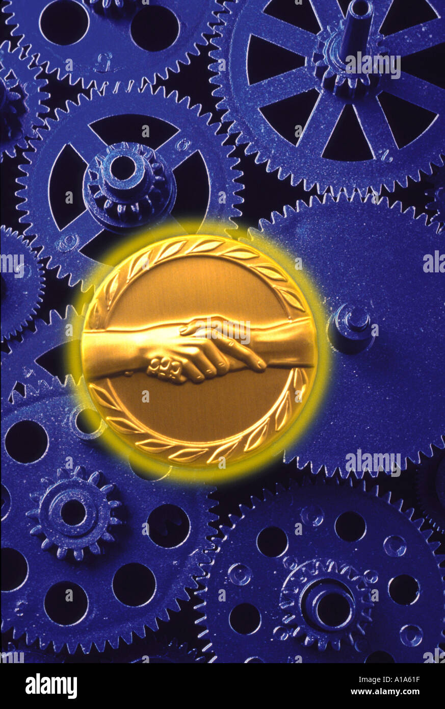 Shaking hands with gears Stock Photo - Alamy