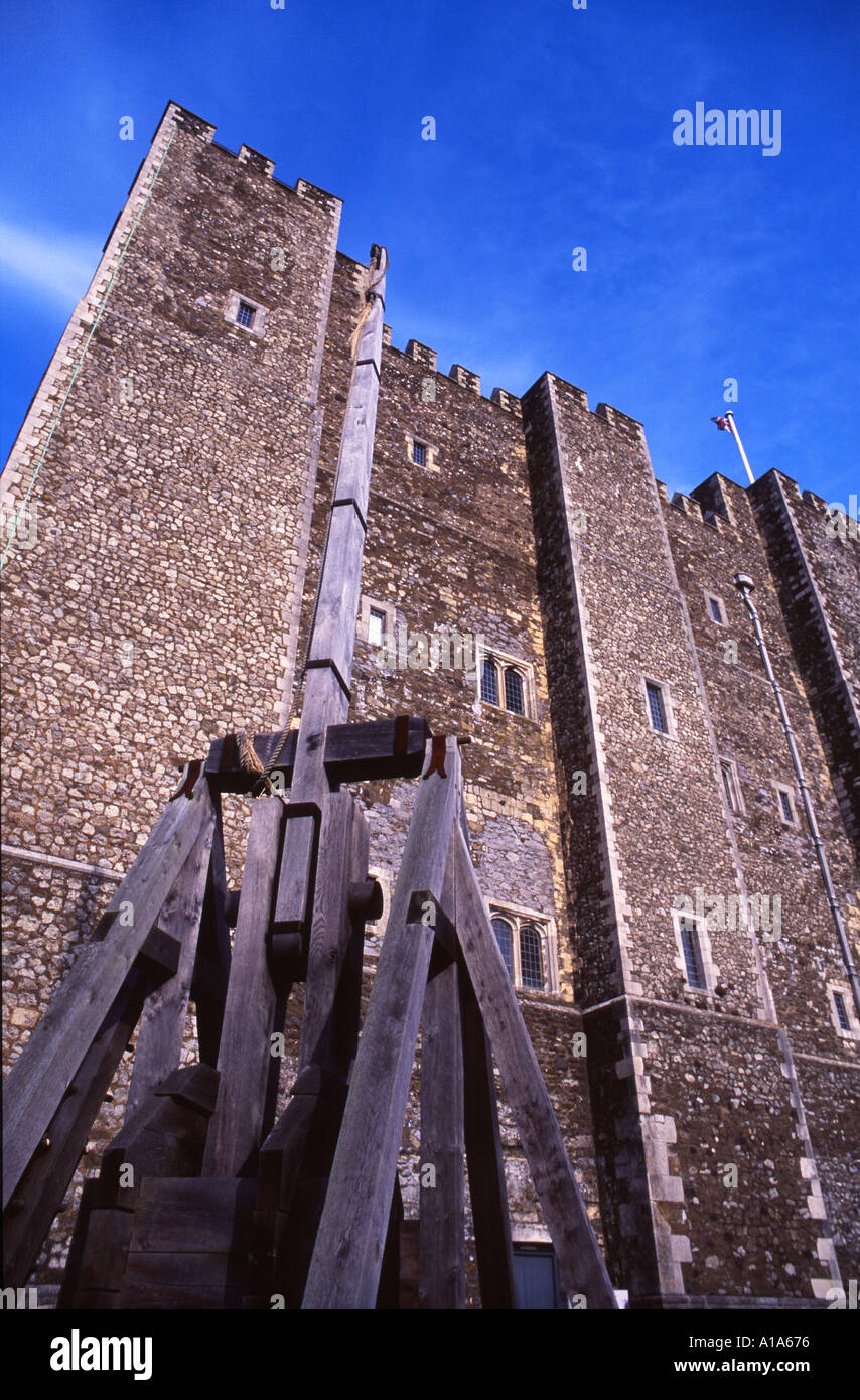 Dover Castle keep with trebuchet siege weapon in foreground Kent UK ...
