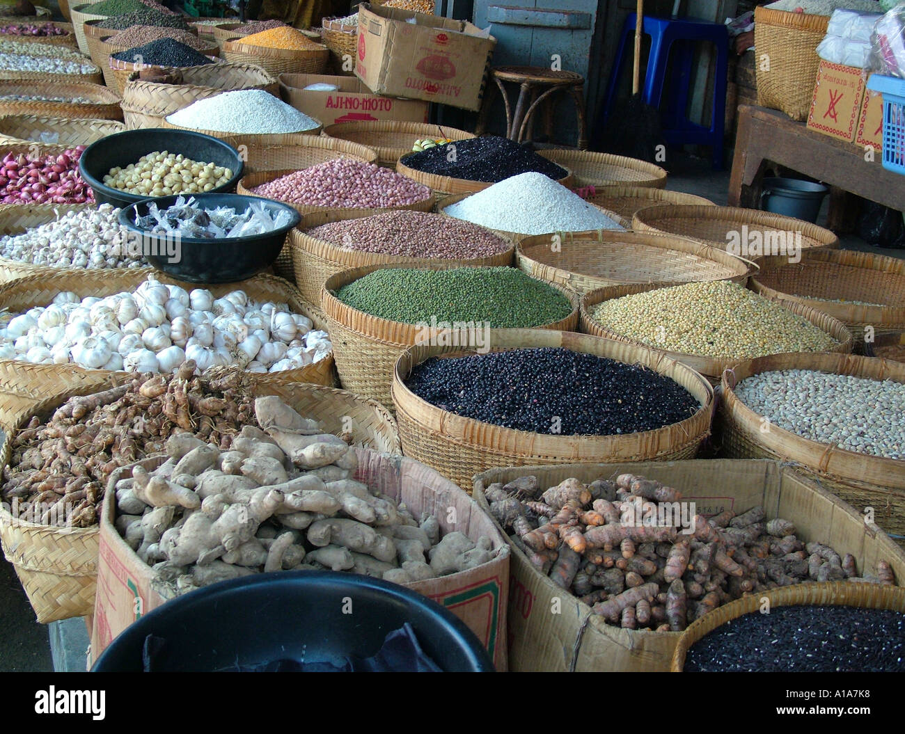 Spices, seeds and pulses for sale at a Balinese Market stall, town of ...