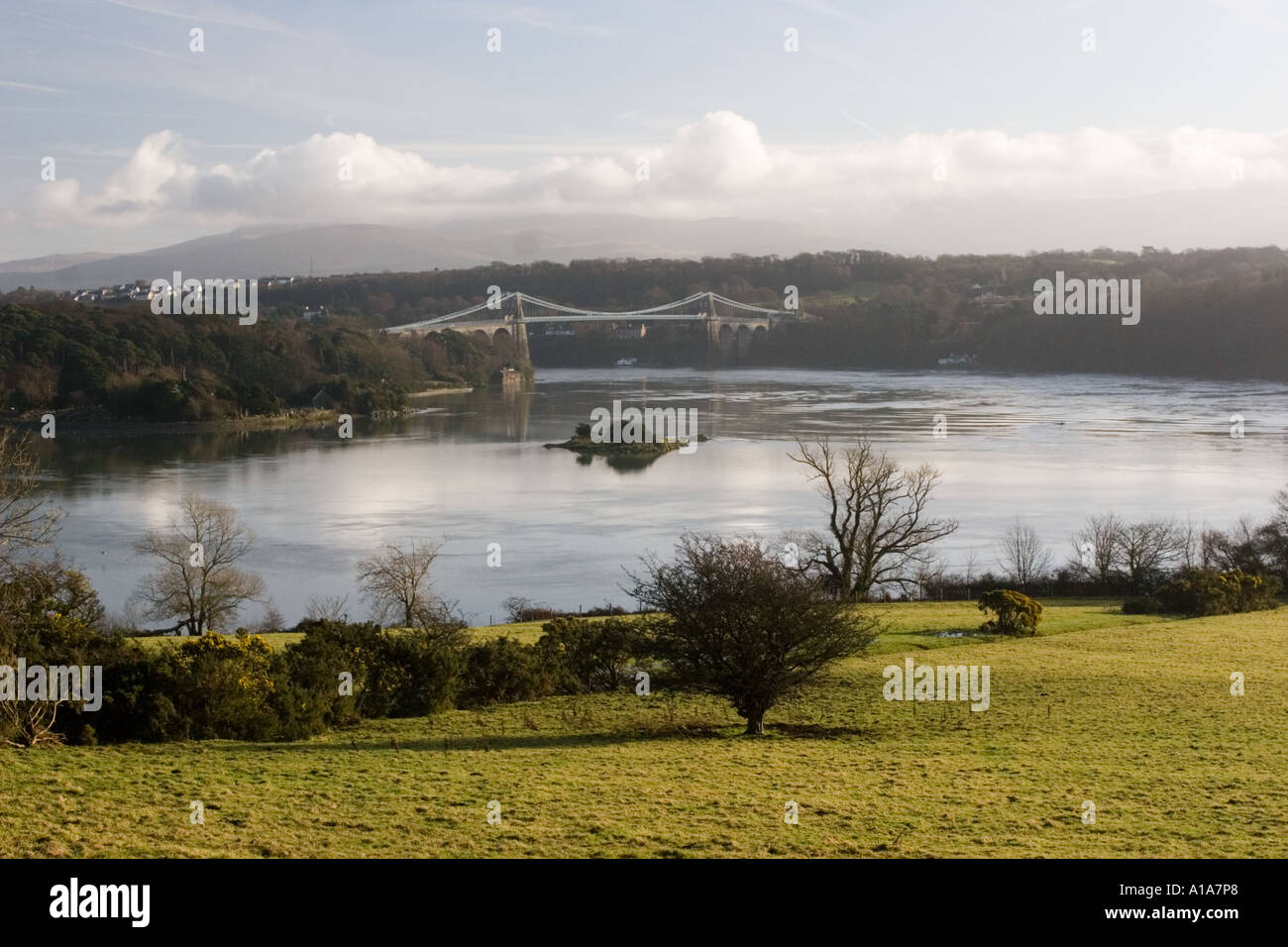 The Menai Suspension Bridge and Menai Straits from Anglesey, North ...