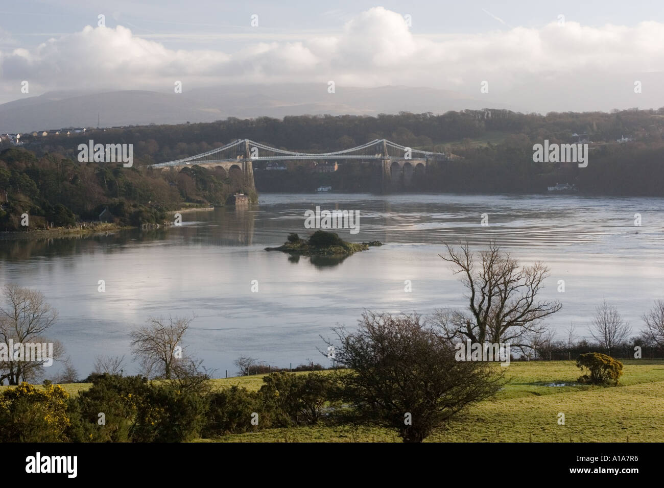 The Menai Suspension Bridge and Menai Straits from Anglesey, North ...