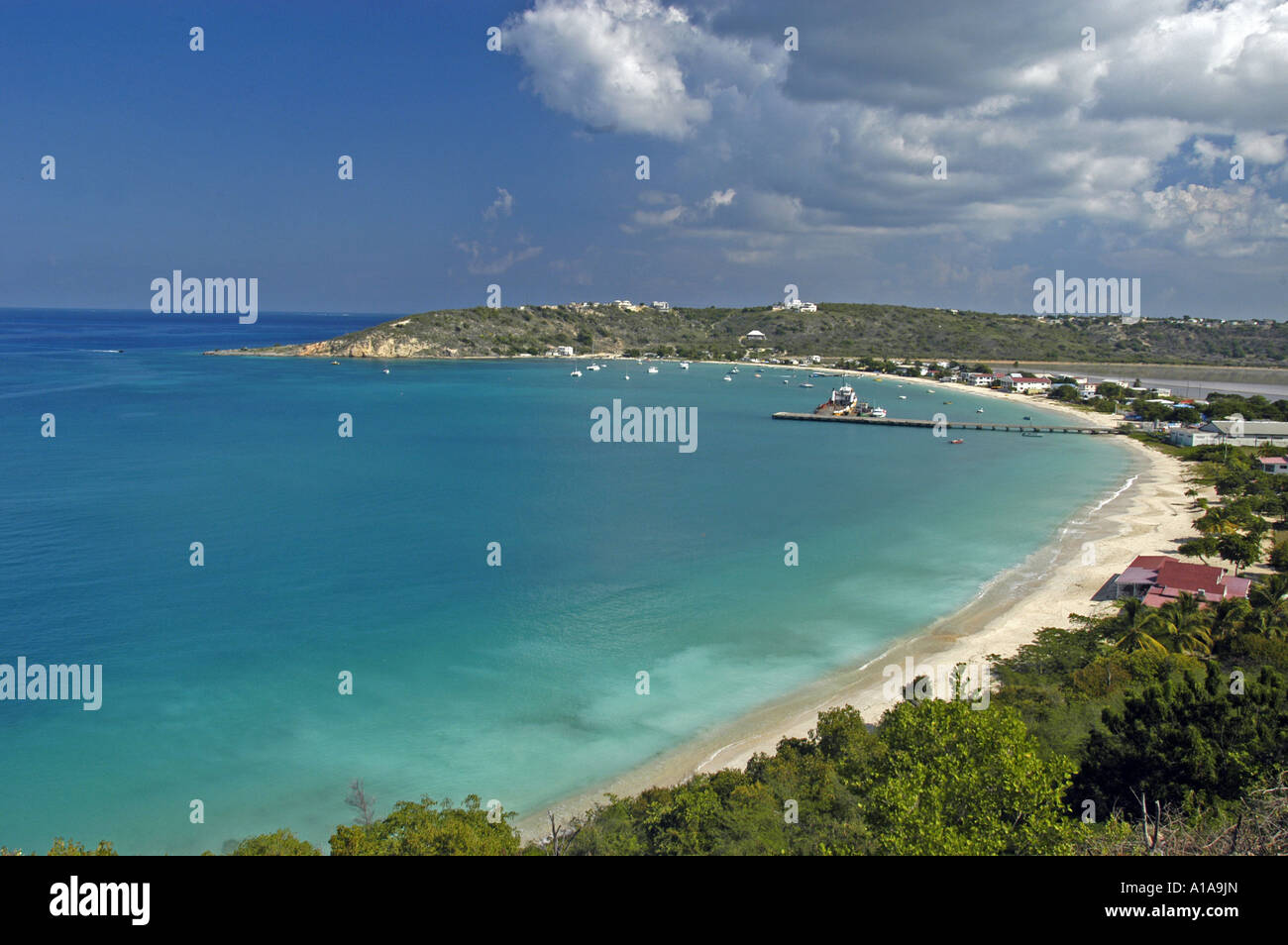 Anguilla beach above aerial of Sandy Ground overview water sea hills ...