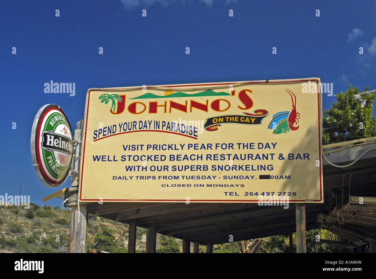 Anguilla Johnno's sign landmark bar restaurant at Sandy Ground beach ...