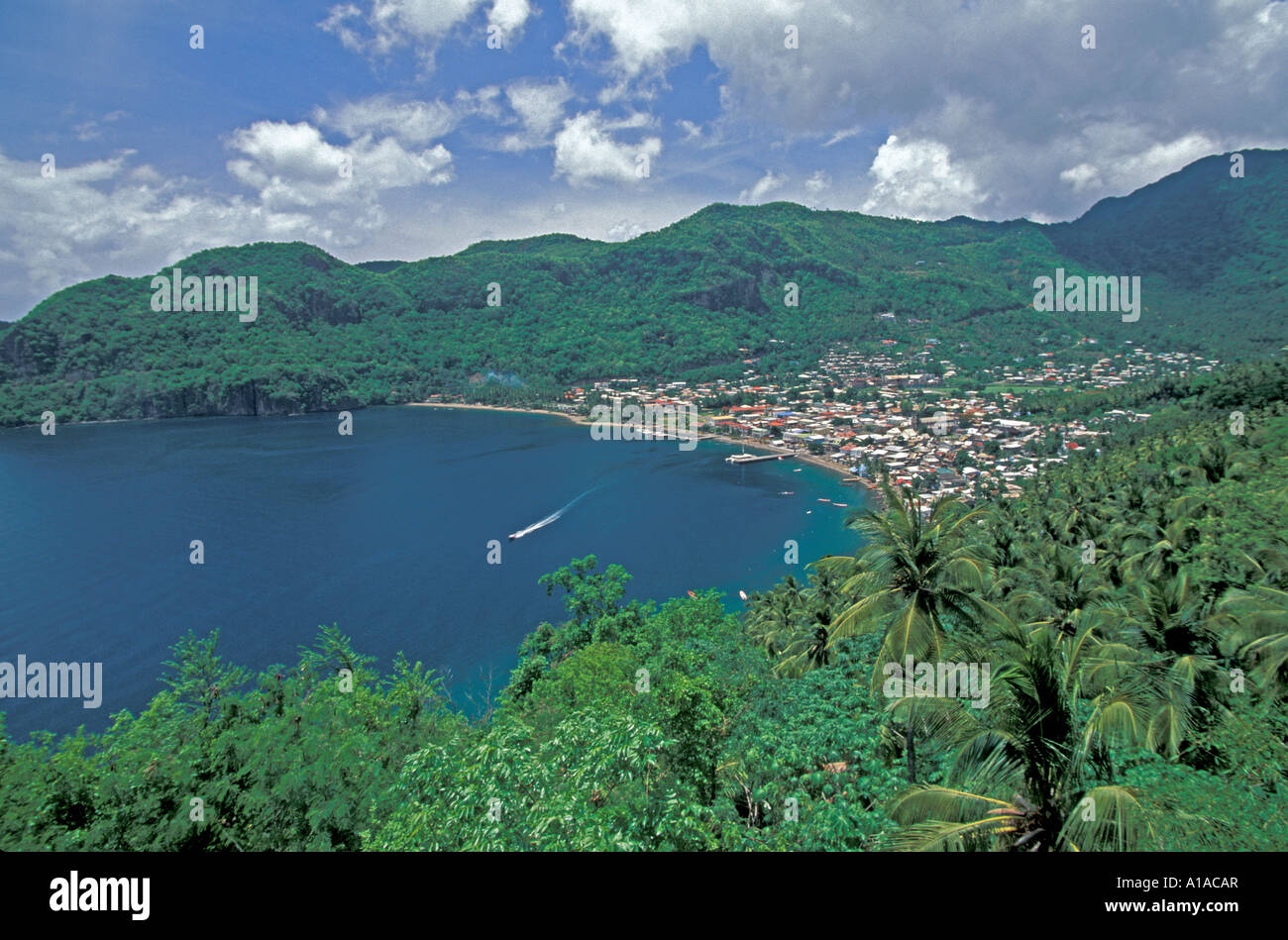 St Lucia scenic overview above aerial landscape power boat wake ...