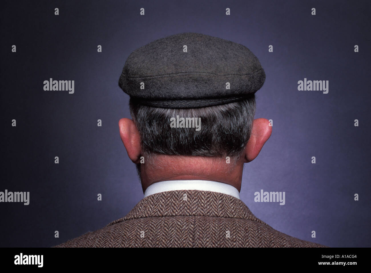 Back view of man with tweed cap wearing white shirt and tweed jacket ...